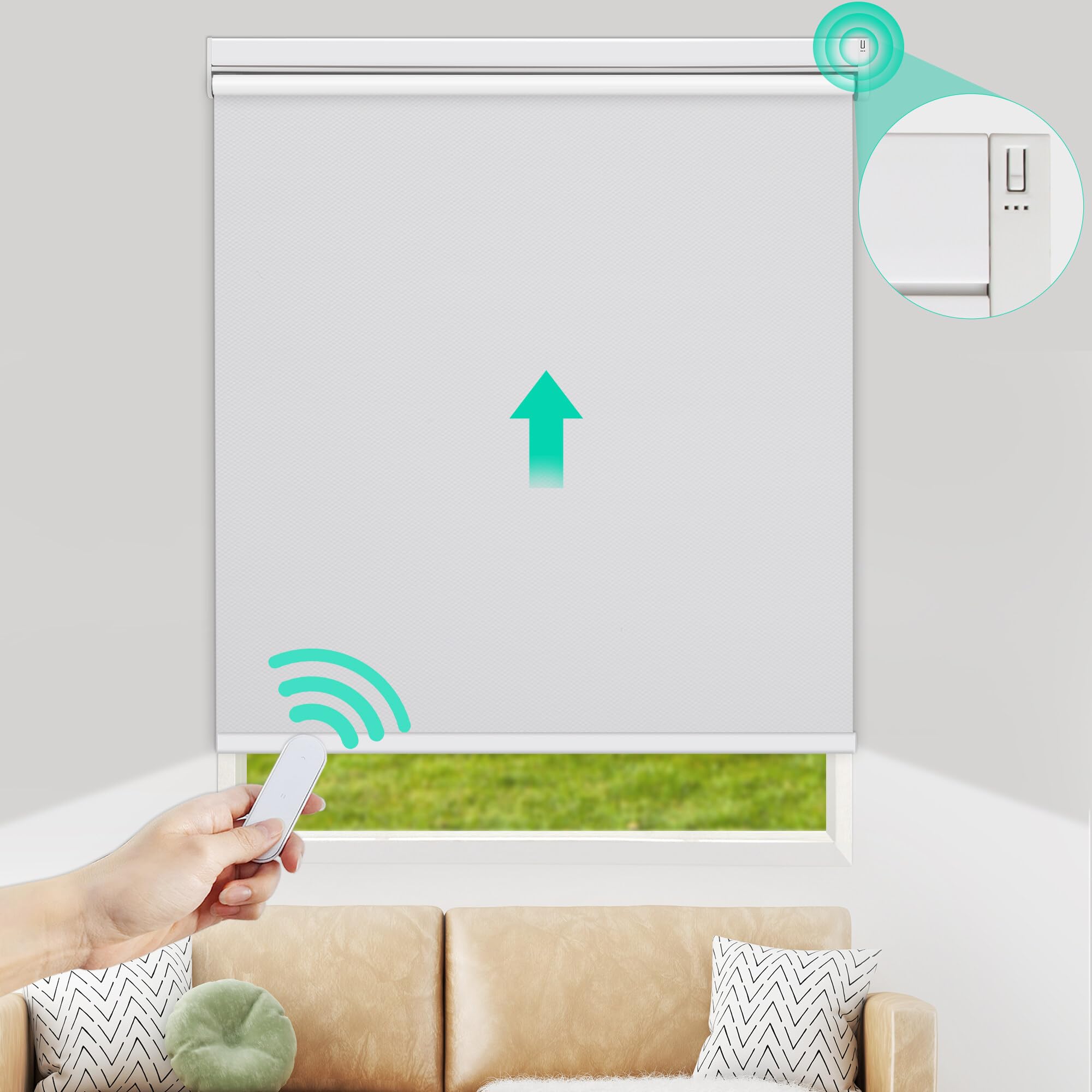 Allesin Motorized Roller Blinds with Remote Control for Windows, Blackout Smart Roller Shade, Battery Powered Electric Smart Blind (White,34" Wx72 H)