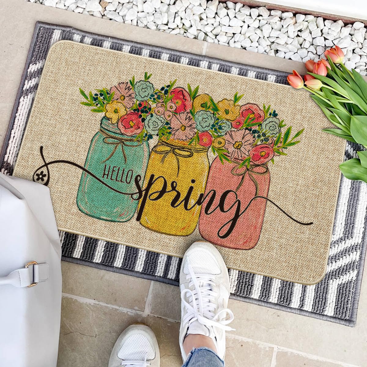 Artoid Mode Vase Hello Spring Doormat, Seasonal Spring Summer Easter Holiday Anniversary Low-Profile Yard Floor Switch Mat for Indoor Outdoor 17 x 29 Inch