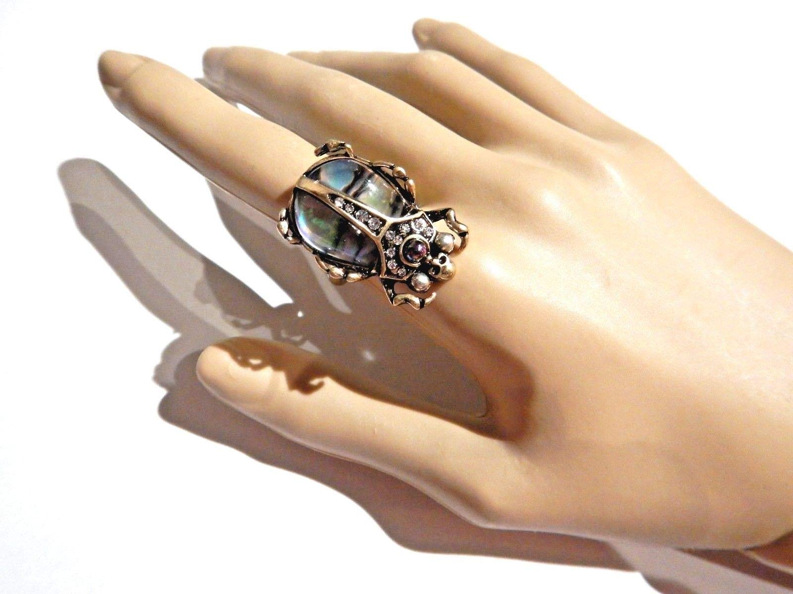 Abalone Shell Scarab Beetle Finger Ring with Crystals & Skull Head sz US 7