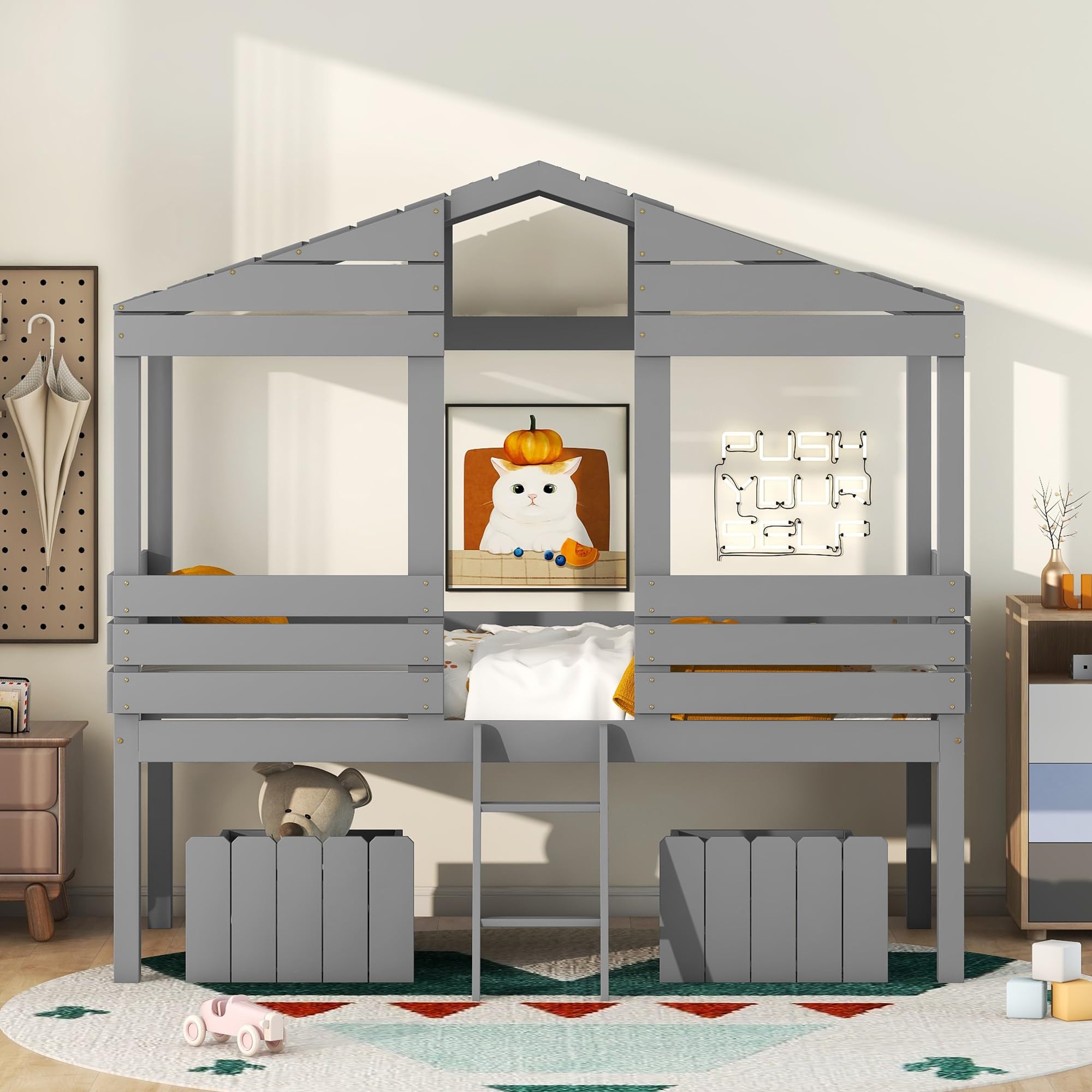 Twin House Bed with Storage Drawers Low Loft Beds Wood Playhouse Bed Frame for Kids Boys Girls Children, Gray