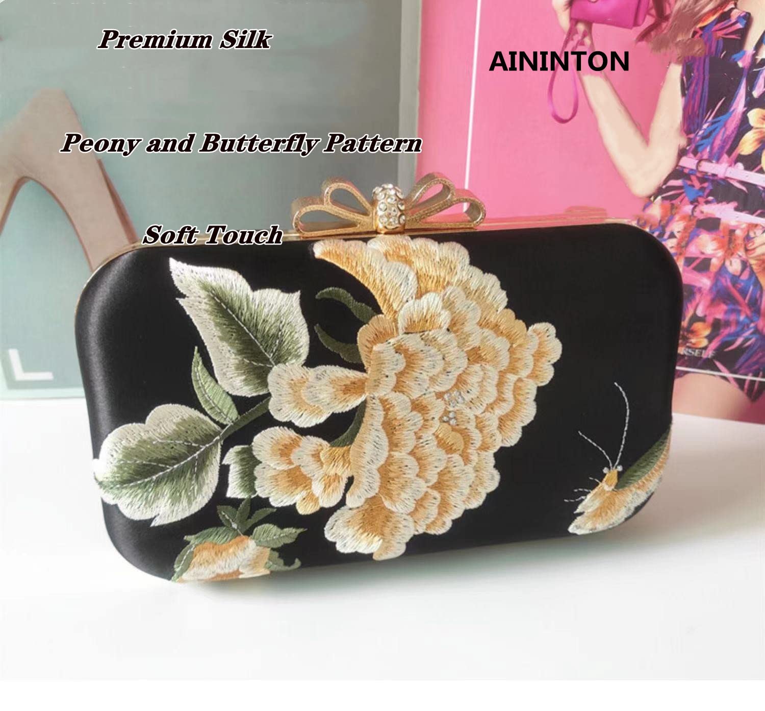 AININTON Women Embroidered Bag Silk Shoulder Bag Black Handbag Rectangle Crossbody Bag with Pearl Chain for Wedding Party Banquet