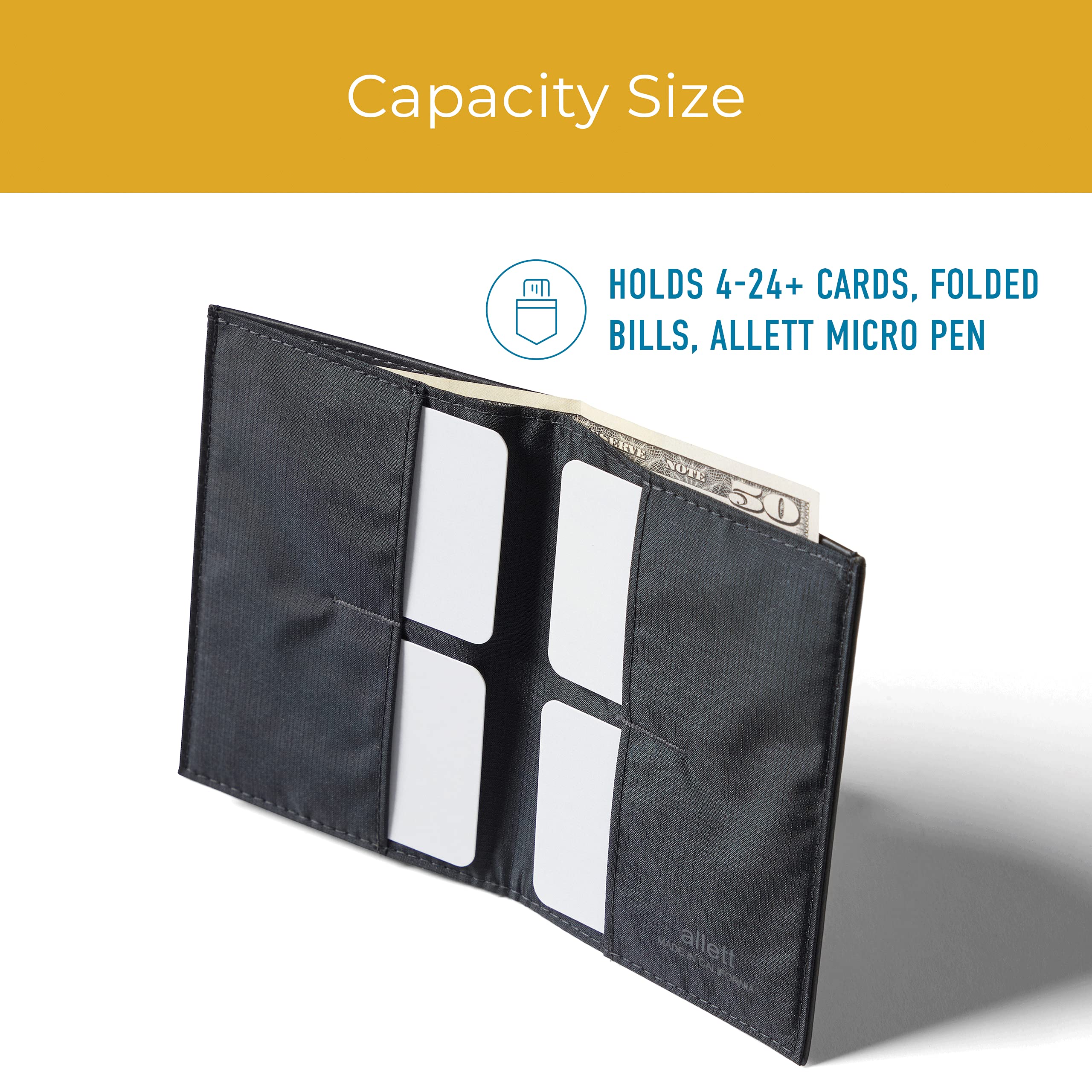 Allett Original Wallet, Onyx Black | Leather, Slim, Minimalist | RFID Blocking, Ultra Thin Bifold, Front Pocket | Holds 4-24+ Cards, Bills, Receipts | Wallets for Men & Women | Made in the USA