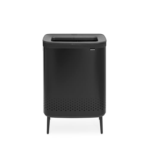 Brabantia Bo Laundry Hamper Hi (Matt Black) 2 Compartment Removable Laundry Bag 2 x 12 Gal, Ventilated Stylish Dirty Clothes Holder, Flat Back, Off-the Ground, Anti-Rust Materials for Bathroom Use