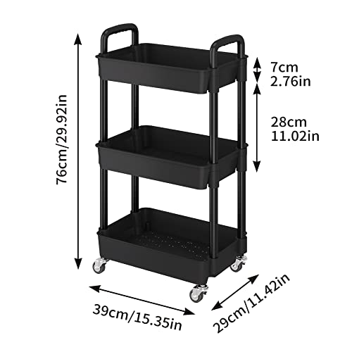 Buzowruil 3-Tier Utility Rolling Plastic Storage Cart Trolley with Lockable Wheels,Multifunctional Storage Shelves for Kitchen Living Room Office,Black