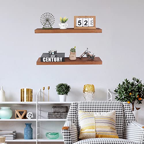 QTSARTISAN Floating Shelf Set β Rustic Solid Wood Hanging Rectangle Wall Shelves with Invisible Metal Brackets for Bedroom, Bathroom, Living Room and Kitchen(Light Walnut, 24" x 5.9")