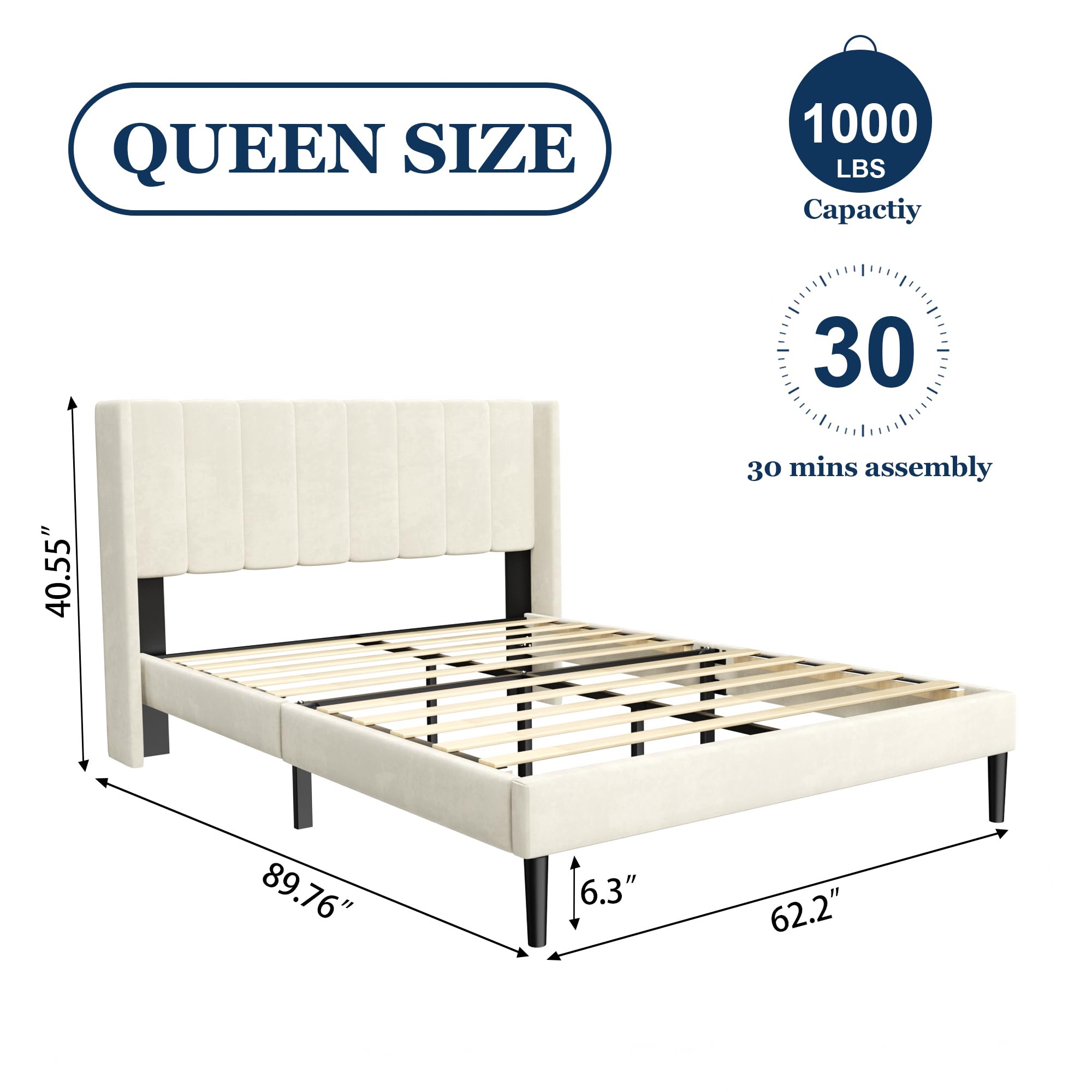 Sismplly Queen Bed Frame with Headboard,Bed Frame Queen Size Vertical Channel Tufted Wingback No Box Spring Needed, Mattress Foundation, Easy Assembly, Beige