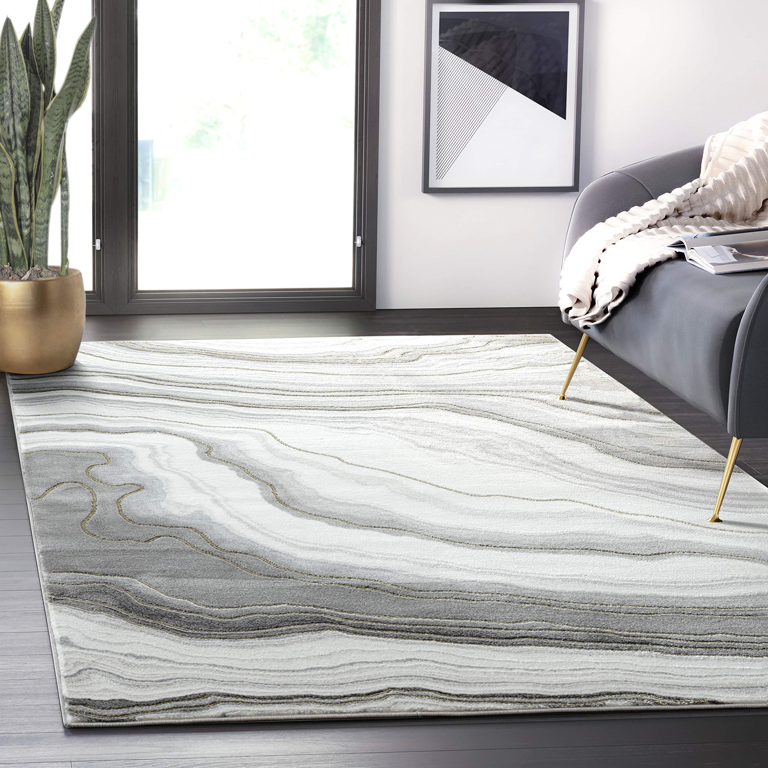 Abani Rugs Contemporary Grey & Gold Granite Area Rug - Marble Swirl Grayscale 7'9" x 10'2" Non-Shedding Dining Room Rug