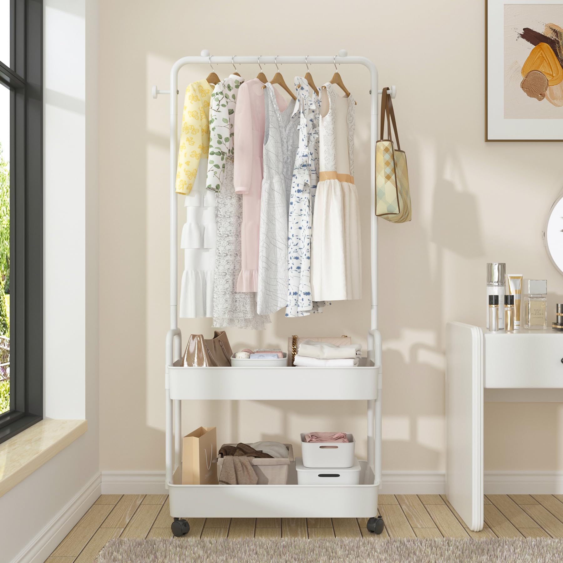 ACCSTORE Metal Clothing Racks, Freestanding Trolley Coat Rack With Wheels,Garment Rack For Storage,Clothes Rack,Heavy Duty Clothing Rack,Garment Racks With 2 Tier Plastics Storage Shelf,White