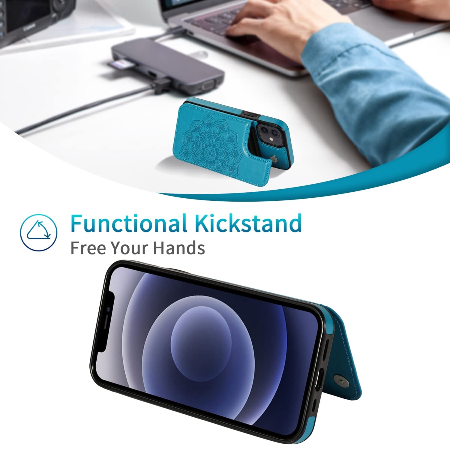 Anyisposs Compatible with iPhone 12 Pro iPhone 12 Wallet Case 6.1 Tempered Glass Screen Protector Card Holder Slots Kickstand Cover Flip Leather Phone Cases for iPhone12pro 5G 12s iPhone12 12pro Blue