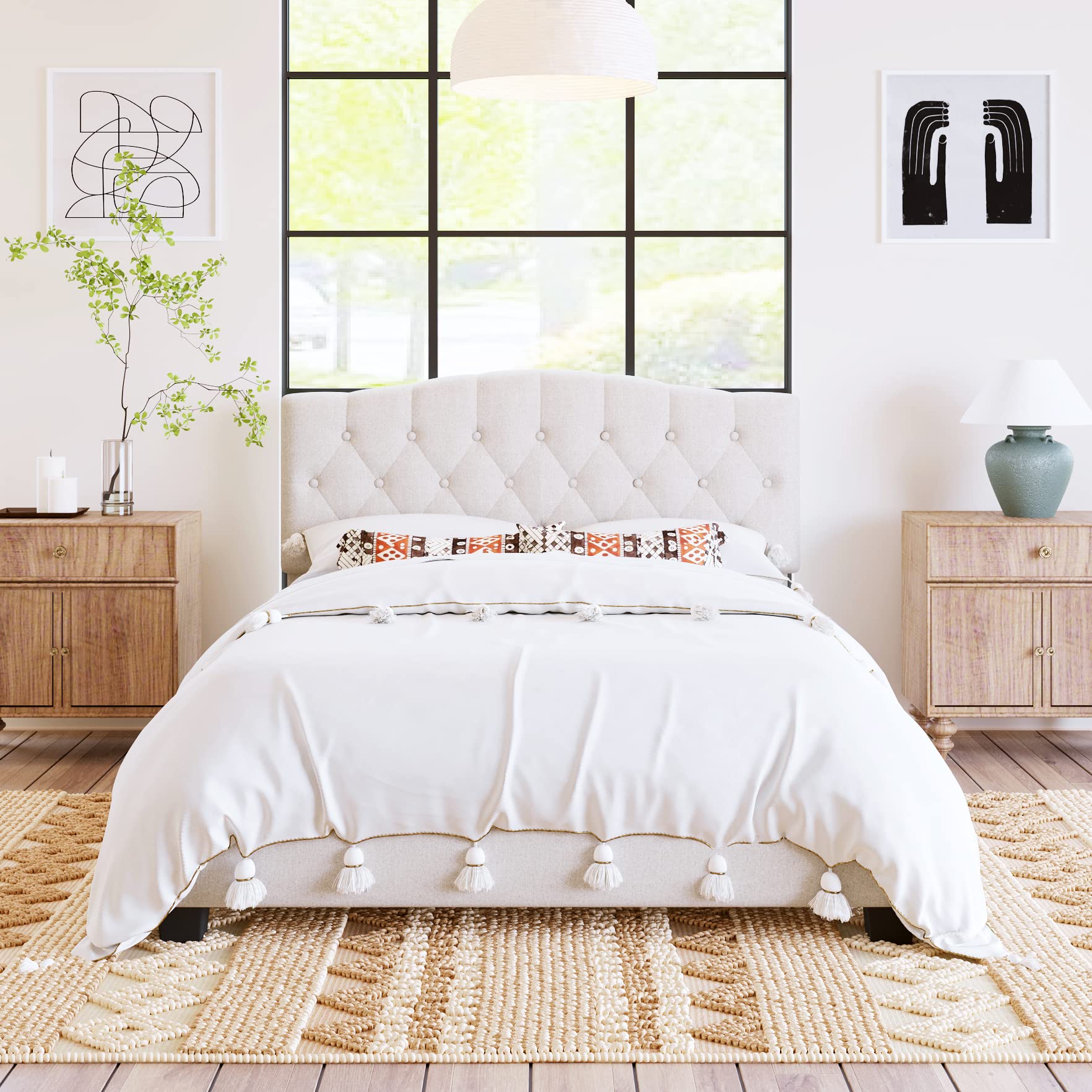 Queen Size Bed Frame, Modern Luxury upholstered Platform Bed with headboard, Heavy Duty Button Tufted Bed Frame, Wooden Slat Support, Easy to Assemble, no Need for Box Springs (Beige)