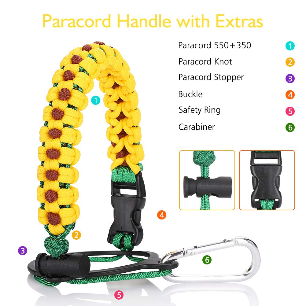 Accmor Water Bottle Handle for 12oz to 64oz Old Version Wide Mouth Hydro Flask, Bottles Accessories Paracord Strap Carrier with Safety Ring and Carabiner for Hiking (Yellow Flower)