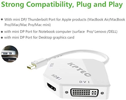KPTEC Ultimate 3-in-1 Mini DP (Thunderbolt) to 4K UHD HDMI, DVI, VGA Adapter,Compact 1080p Mini Display (mDP) Converter Compatible for MacBook Air/Pro, iMac, iMac Mini, Surface Pro Series, White