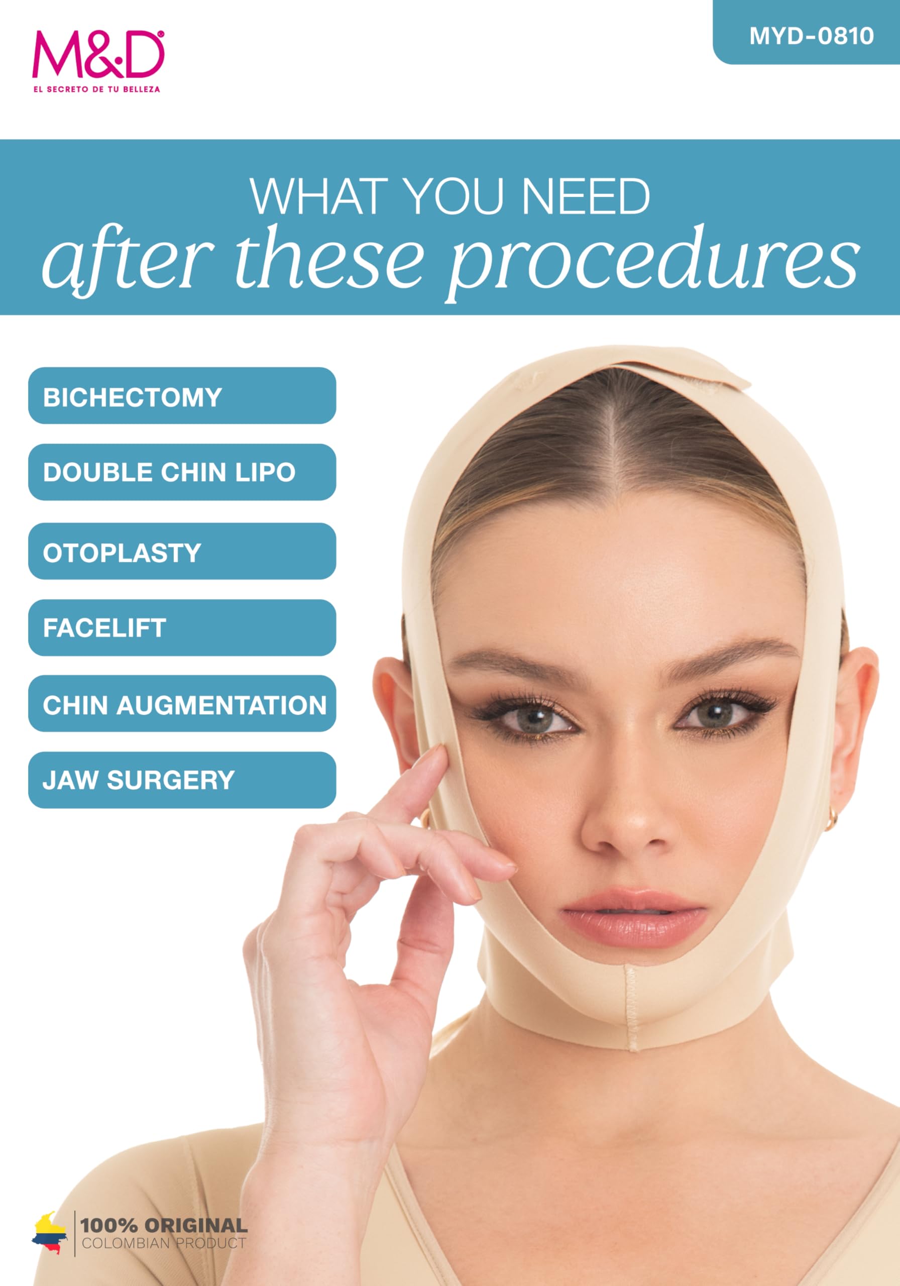 M&D Face Slimming Chin Strap Lipo Compression Garment Mentonera Postquirúrgica Facial Beige M