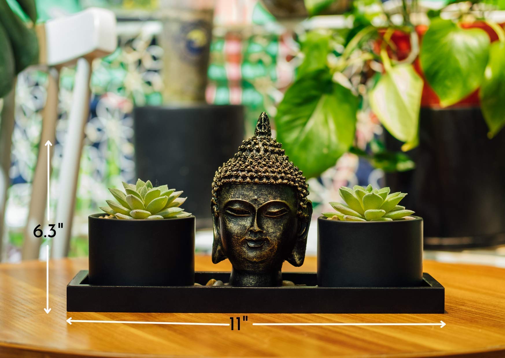 Buddha Statue & Succulent Zen Garden Set- Buddha Head Statue w/ Wooden Display Tray & Stones| Buddha Decor For Home Decor. Beautiful & Peaceful. Great Meditation Gifts.