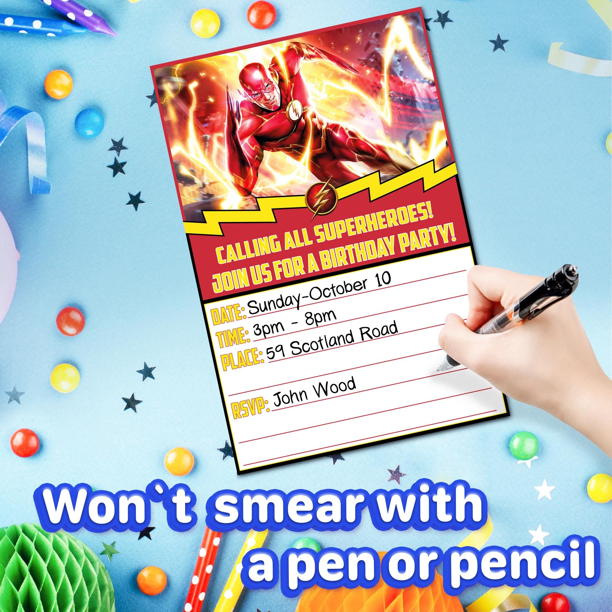 Flash Invitation Cards and Envelopes β 20 Fill-in Invites for Kids Birthday Bash and Theme Party, 10X15 cm, Postcard Style