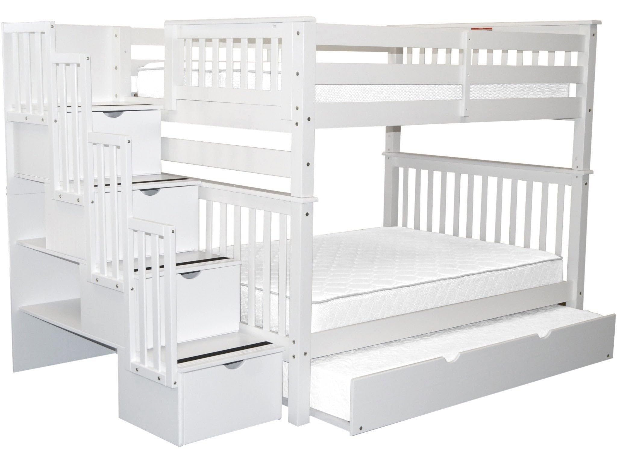 Bedz King Stairway Bunk Beds Full over Full with 4 Drawers in the Steps and a Twin Trundle, White