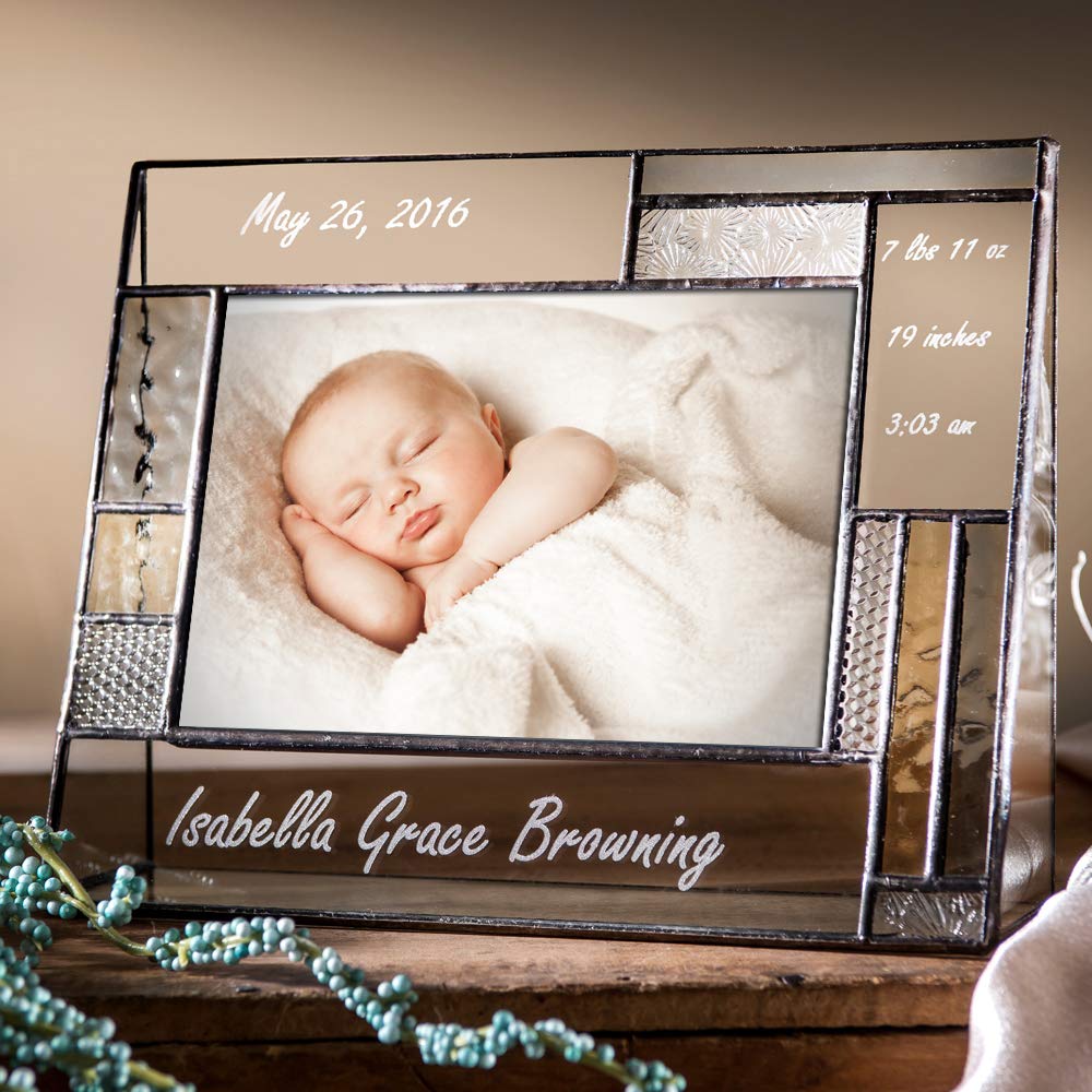 Personalized Baby Picture Frame Grey and Yellow Engraved Glass 4x6 Photo Nursery decor Newborn girl or boy J Devlin Pic 392-46H EP530 (4x6 horizontal)