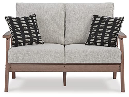 Signature Design by Ashley Emmeline Classic Outdoor HDPE Wood Look Framed Cushioned Loveseat, Beige & Gray