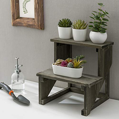 MyGift 2 Tier Rustic Dark Gray Solid Wood Desk Organizer Display Shelf, Farmhouse Style Tabletop Storage Shelves Home Decoration Rack