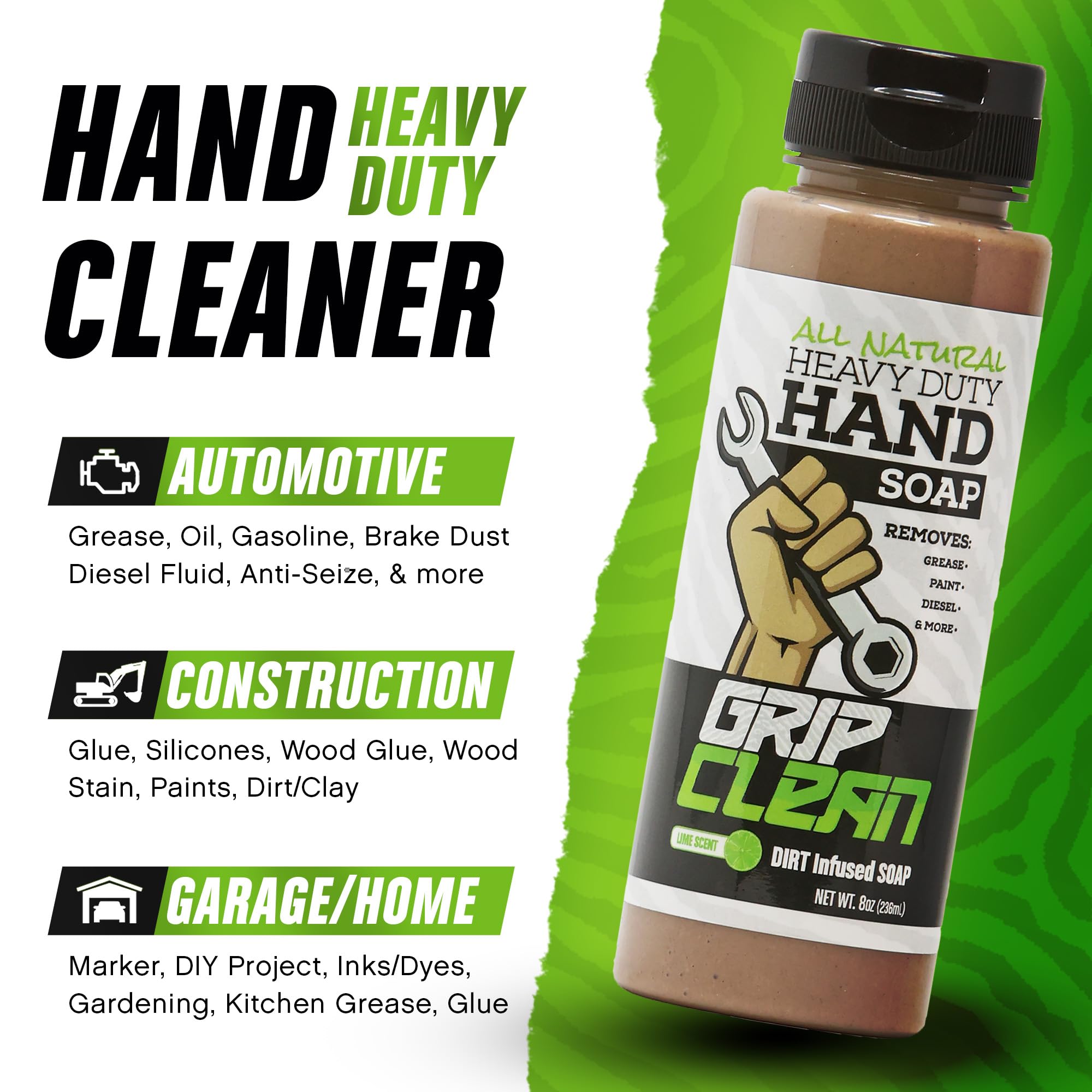 Grip Clean Squeeze Bottle & Brush Combo - Heavy-Duty Degreaser Hand Cleaner & Nail Brush Set - Tackle Grease, Oil, & Grime with Natural Pumice Soap & Nail Cleaning Scrub for Clean Hands & Nails