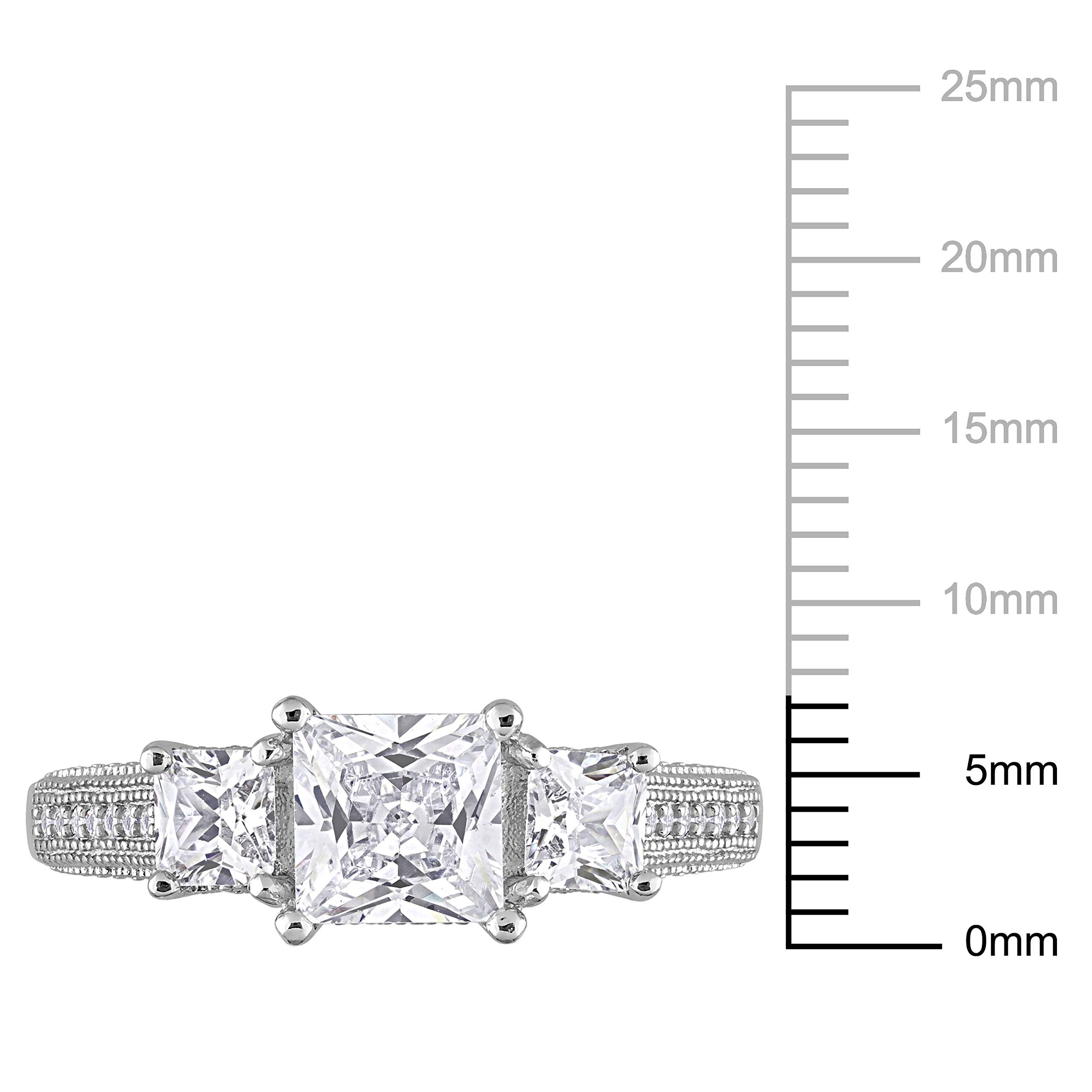 Abbie+Cleo Radiant Shape Cubic Zirconia 3-Stone Statement Engagement Ring in Rhodium Flash Plated Sterling Silver, Size 5