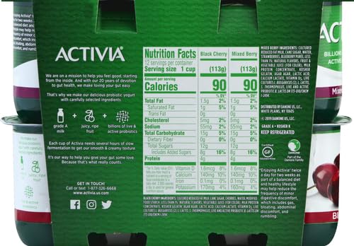 Activia Black Cherry and Mixed Berry Probiotic Yogurt, Delicious Lowfat Yogurt Cups to Help Support Gut Health, 12 Ct, 4 OZ
