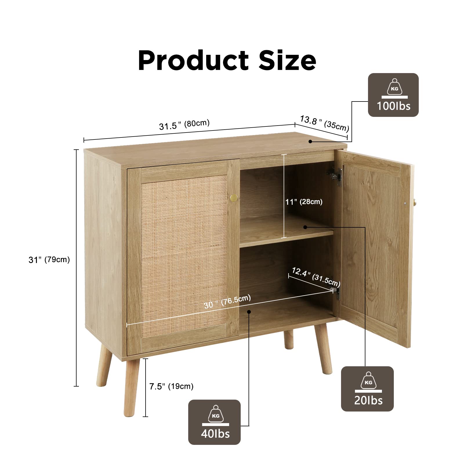 Anmytek Rattan Cabinet, 2 Door Sideboard Buffet Cabinet with Adjustable Shelf Wood Storage Cabinet for Living Room Dining Room Kitchen Hallway Entryway,H0082