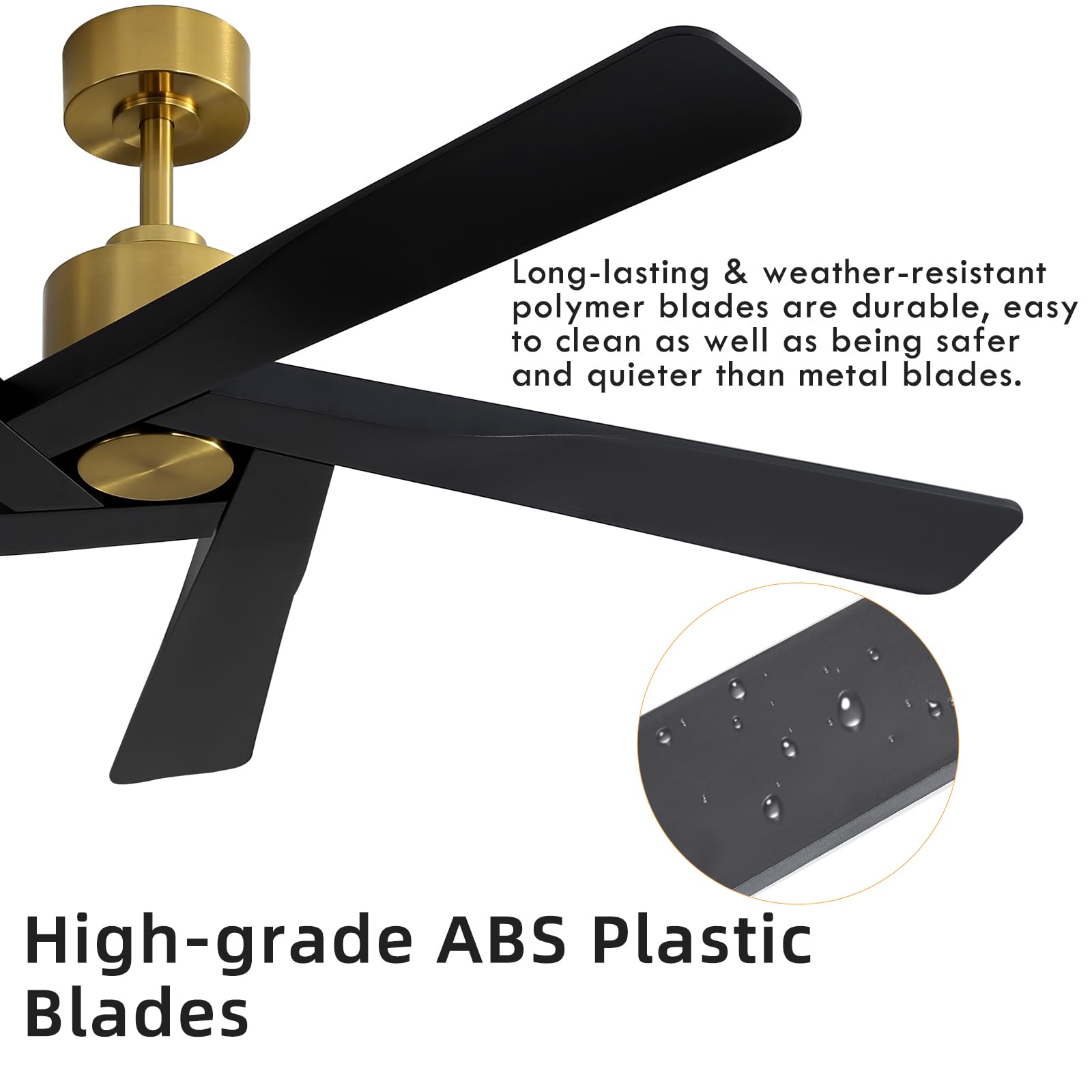 ACOZ 64" ABS DC Ceiling Fan No Light, 5 Blade ABS Plastic Ceiling Fan with Remote, 6-Speed Reversible DC Motor, Ceiling Fan without Light for Kitchen Bedroom Living Room, Brass and Matte Black