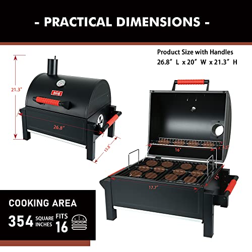 FEASTO Portable Charcoal Grill with Two Silicone Holding Handles, Tabletop grilling with 354 Square Inches Cooking Area, Convenient for outdoor Camping and Picnic, Black,L26.8’’x W20’’x H21.3’’