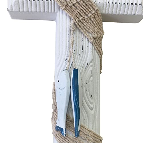 Rainbow Handcrafts Nautical Rustic Wooden Anchor with Rope Crosses Wall Art Decor,Boat Wheel,Hanging Wood Crossbar Anchor Decorative Home Bathroom Office Beach Theme Decoration 18''H (White)