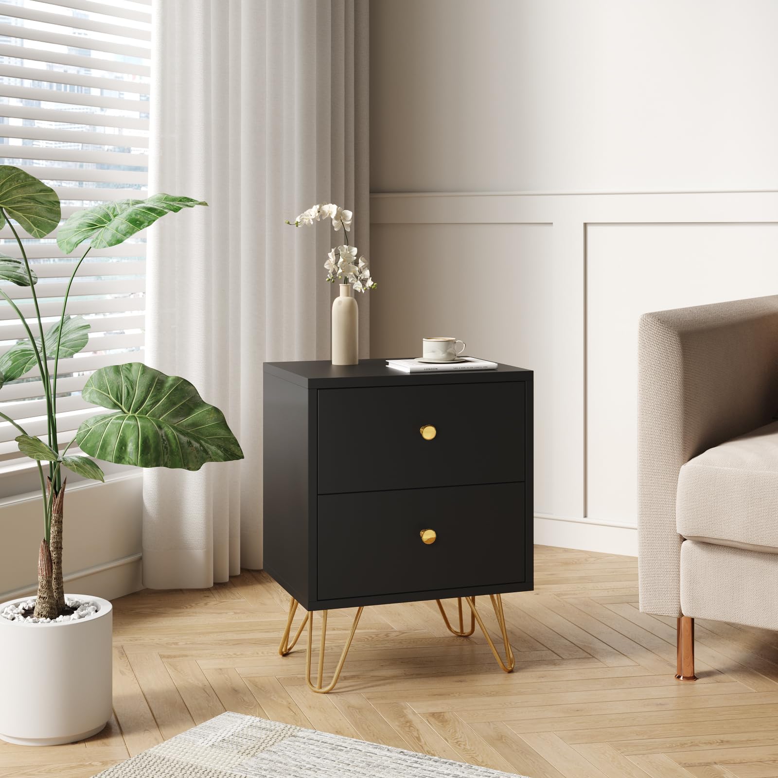 Tradare Black Nightstand Set of 2, Black and Gold Night Stand with 2 Drawers, Modern End Table with Metal Legs and Gold Handles, Bedside Table for Bedroom, Hallway