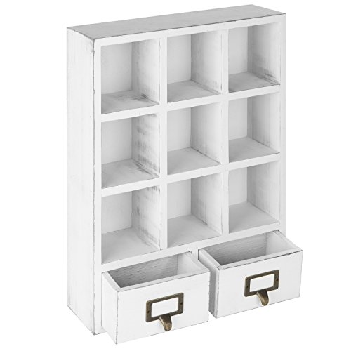 MyGift Wall-Mounted Wood Shadow Box Shelf - Vintage White Wooden Table Top Display Organizer with 2 Pull Out Drawers