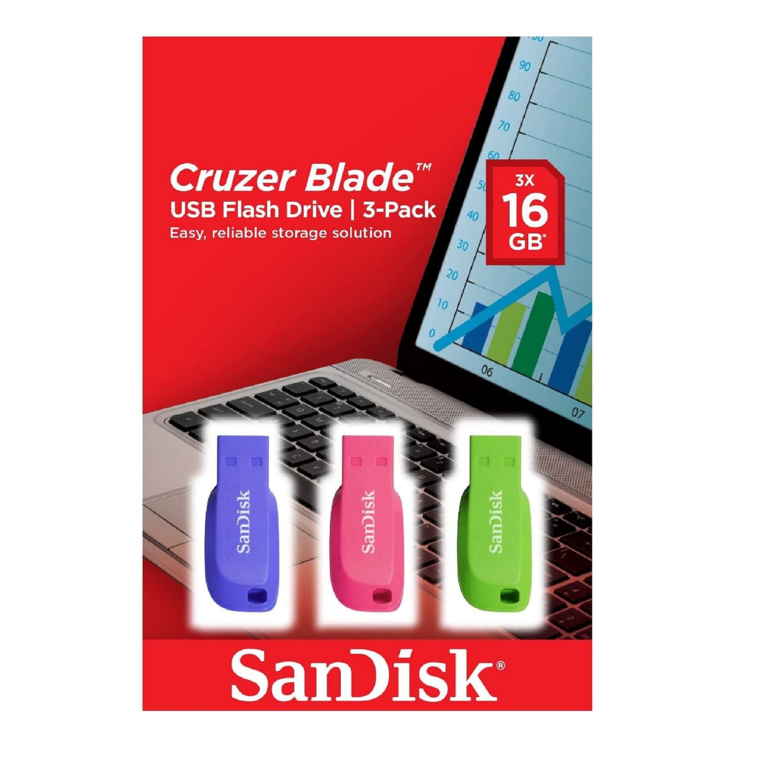 SanDisk 16GB Cruzer Blade USB Flash Drive 3-Pack, Blue/Pink/Green