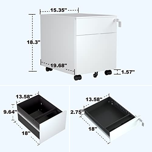 AITERMINAL Steel File Cabinet 2 Drawer with Mobile Casters and Lock Key Fully Assembled- White