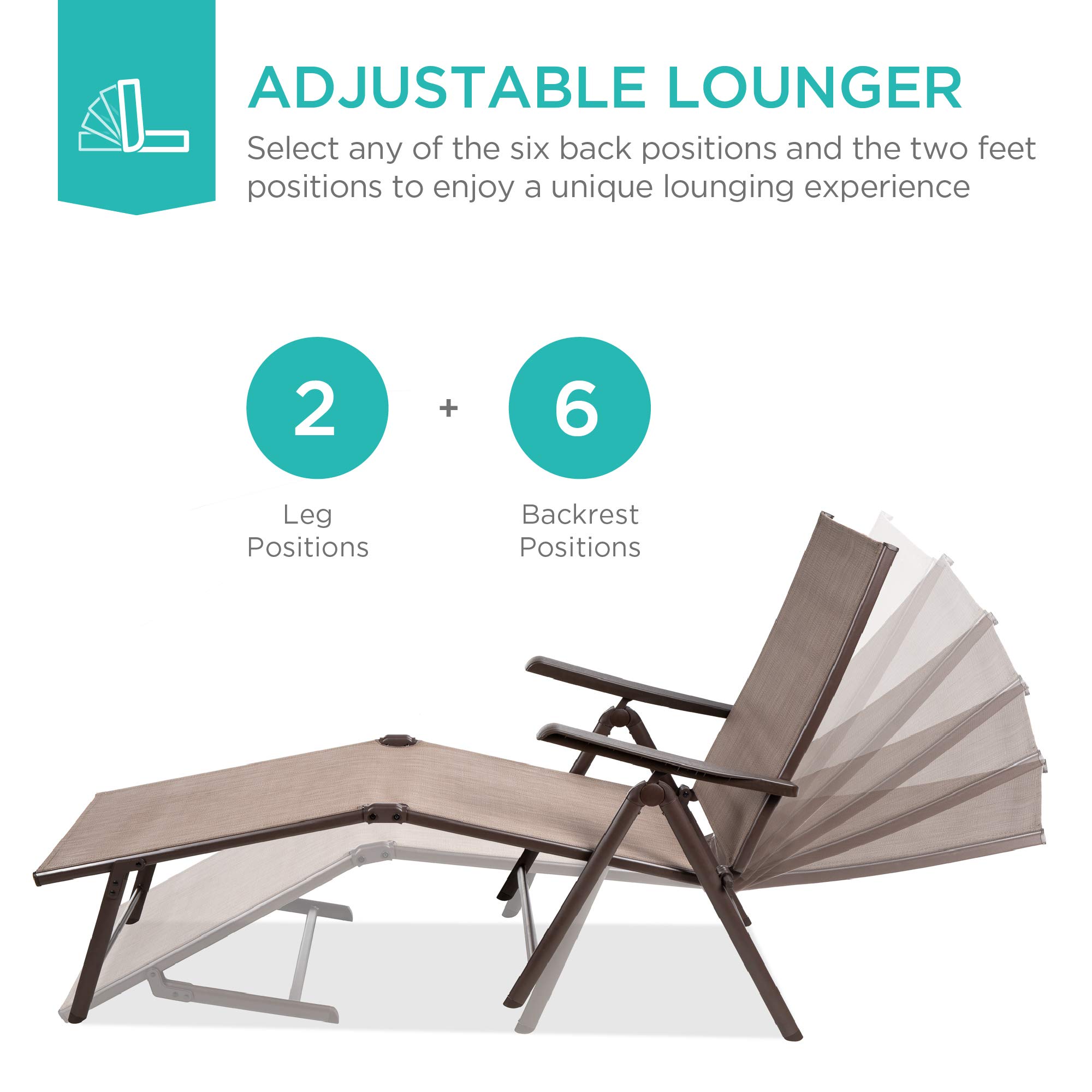 Best Choice Products Set of 2 Outdoor Patio Chaise Lounge Chair Adjustable Reclining Folding Pool Lounger for Poolside, Deck, Backyard w/Steel Frame, 250lb Weight Capacity - Brown