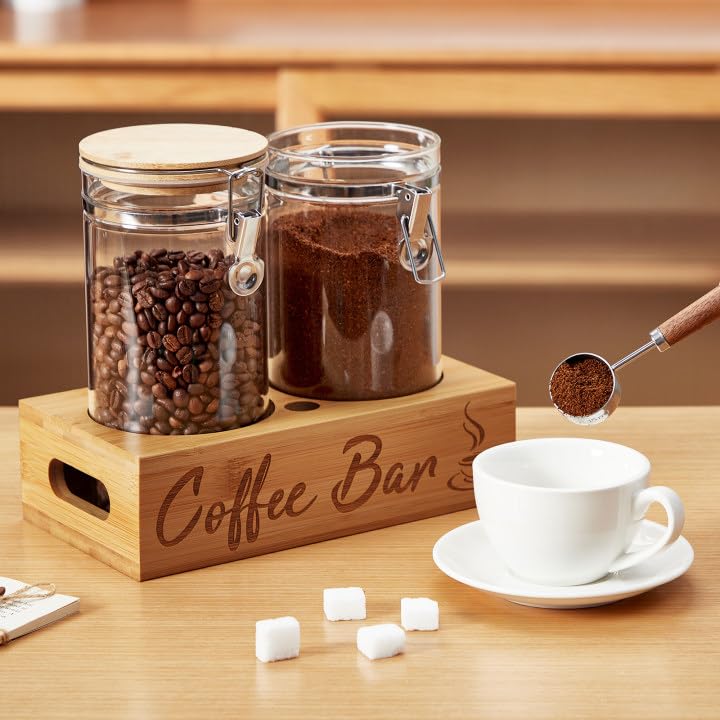 Spreccio Coffee Canister Set with Shelf, 2 x 50oz Coffee Bean Canister Storage Station for Ground Beans, Sugar and Coffee Jar with Scoop, Countertop Coffee Storage for Coffee Bar or Kitchen