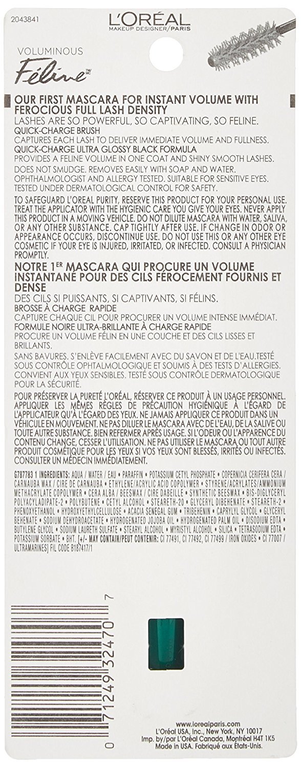 L'Oreal Paris Cosmetics Voluminous Feline Washable Mascara, Blackest Black, 1 Tube