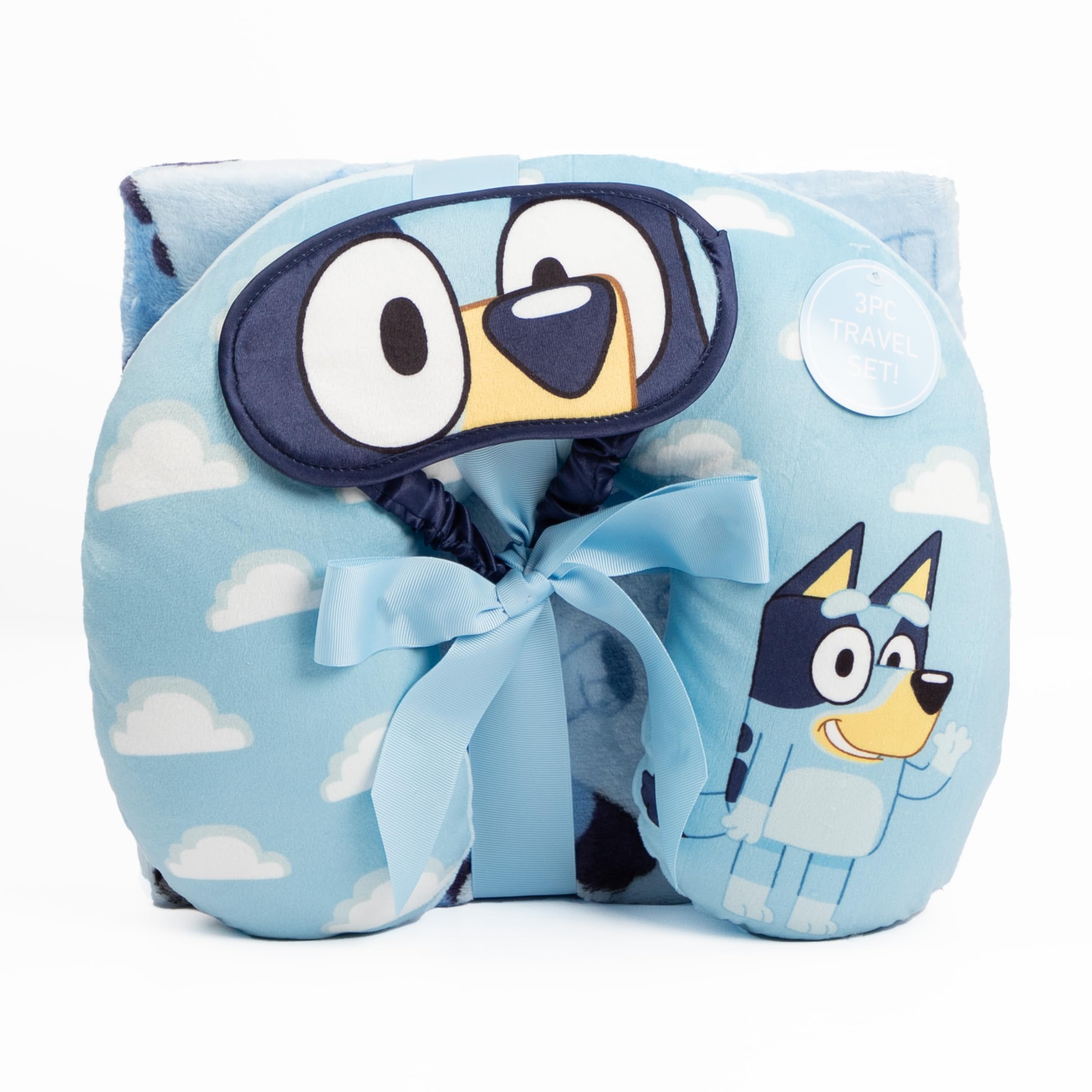 Jay Franco Bluey Kids Travel Set - 3 Piece Set Includes 40 x 50 Throw Blanket, Eye Mask, and Neck Pillow - Super Soft & Cozy Travel Accessories