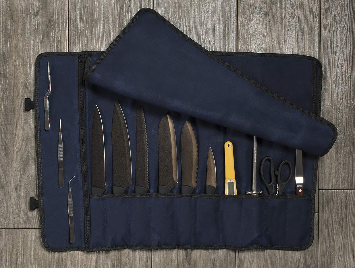 Asaya Canvas Chef Knife Roll Bag - 10 Knife Slots and a Large Zipper Pocket - Durable 10oz Canvas Knife Case with an Adjustable Shoulder Strap - Knives not Included