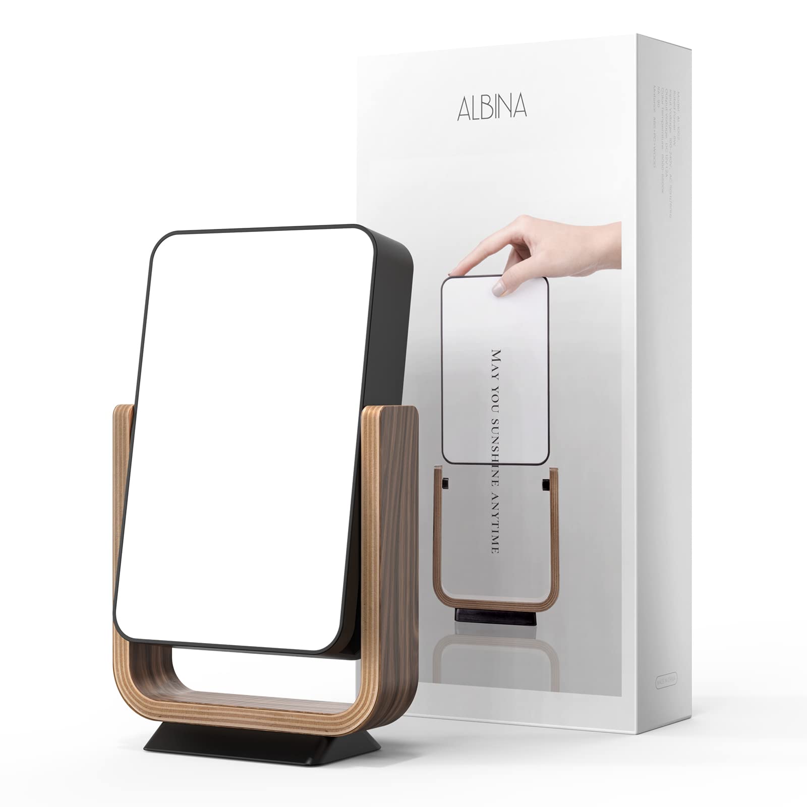 ALBINA Full Spectrum Sunlight Lamp UV-Free 10,000 Lux Sunlight Lamp with 5 Adjustable Brightness 4 Timer Function, Detachable Stand Wooden Frame, Sun Lamp for Home/Office (Walnut/Black)