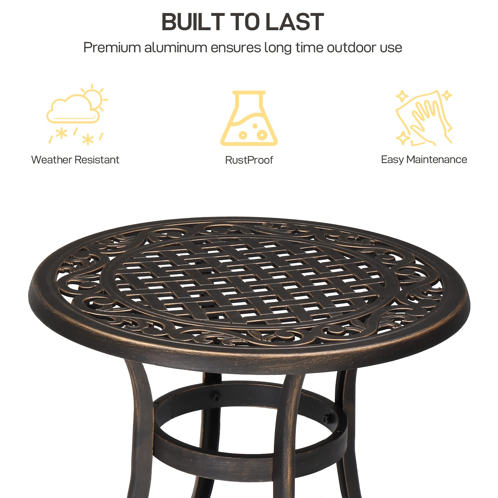 VINGLI 24” Cast Aluminum Outdoor Side Table, All Weather Round Patio Coffee Table Porch Table Outdoor Bistro Table Outdoor End Table Bronze