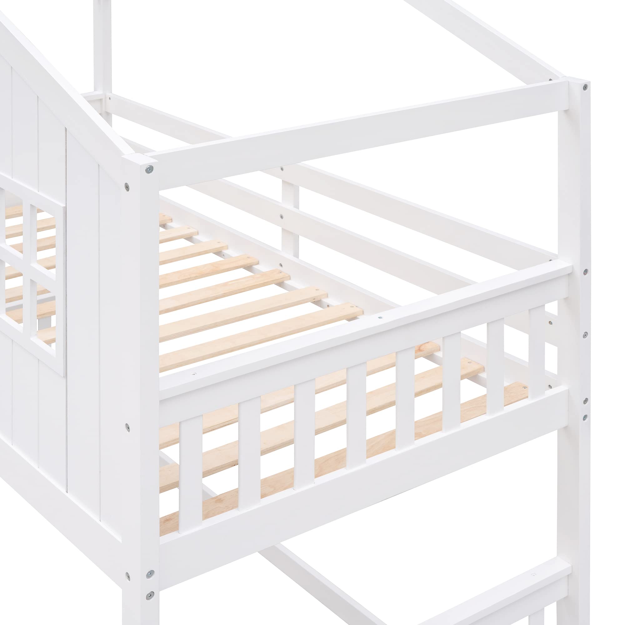 Harper & Bright Designs House Bunk Beds, Twin Over Twin Bunk Bed with Roof, Ladder and Windows, Floor Bunk Bed, Low Bunk Loft Bed for Kids Teens Boys & Girls, White
