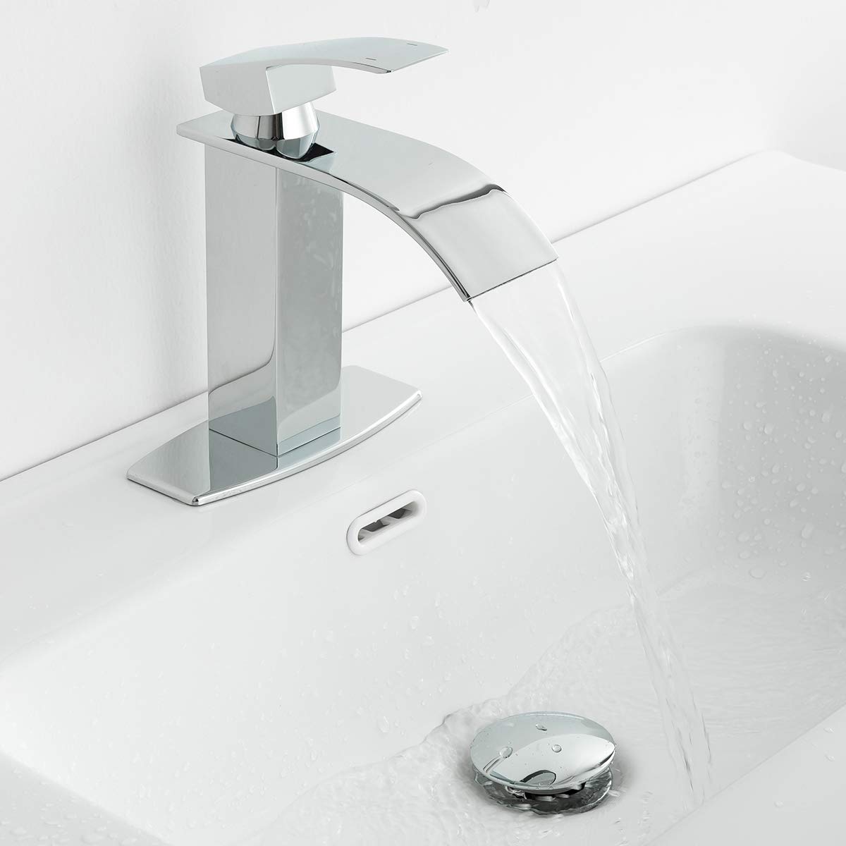Brass Waterfall Bathroom Faucet Single Handle Bath Vanity Sink Faucet Chrome Commercial Basin Mixer Faucet with Pop Up Drain Stopper Overflow Supply and Deck Mounted (Chrome)