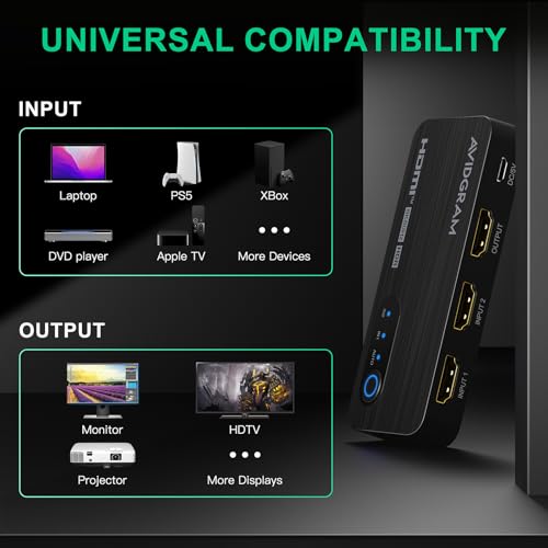 HDMI 2.1 Switch 8K, AVIDGRAM HDMI Switcher 2 in 1 Out, 2 Port 4K 120Hz Auto HDMI Selector Hub Support 8K@60Hz 48Gbps, Compatible with Xbox Series X, PS4 Pro, PS5, UHD TV, Monitor, Projector