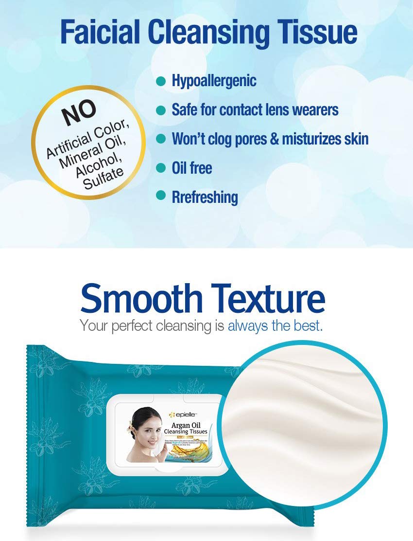 Epielle Argan Oil Cleansing Facial Tissues Makeup Remover Wipes Gentle and Nicely Scented Towelettes - 60 Sheets per pack, 4 pack (new)
