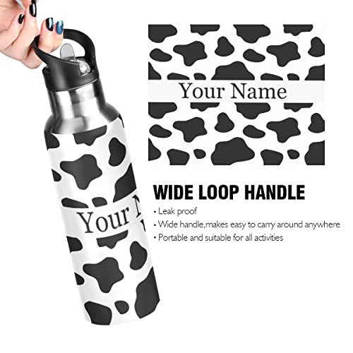 Custom Water Bottle Black and White Cow Print Stainless Steel Vacuum with Name Personalized Name Insulated Sport Bottle with Wide Handle