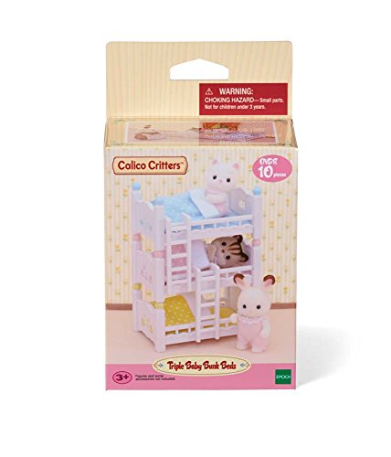 Calico Critters Triple Baby Bunk Beds, Dollhouse Toy Furniture, Multicolor, basic (CC2624), Set includes three beds, three mattresses with pillows, three blankets and two ladders