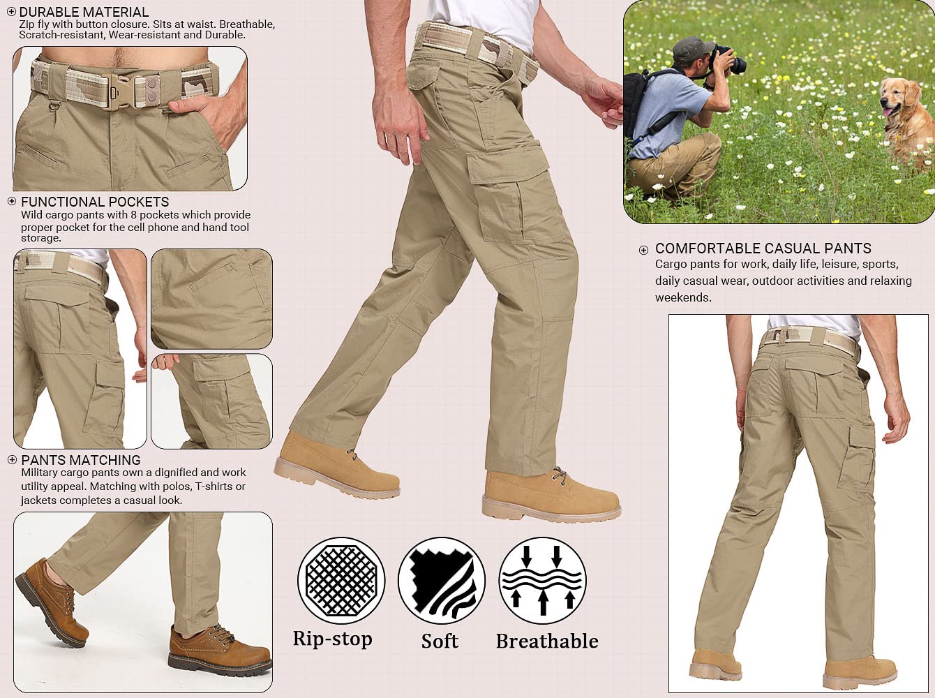 AKARMY Men's Ripstop Tactical Pants, Lightweight EDC Hiking Work Trousers Outdoor Cargo Pants with Multi Pocket J9922 Khaki 34