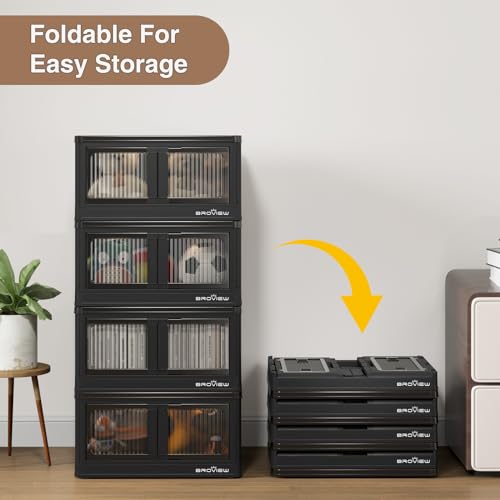BROVIEW V5 33Gal Plastic Storage Bins with Lids, 4Pack Stackable Collapsible Storage Bins for Closet Organizers and Storage, Folding Storage Container Cabinets with Doors and Wheels, Black