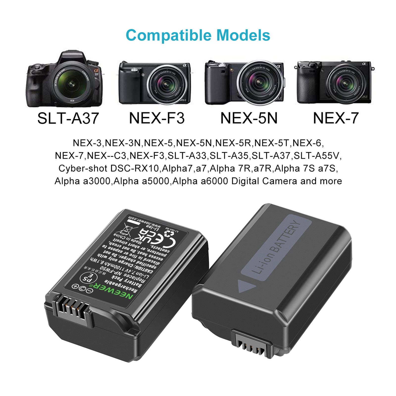 Neewer NP-FW50 Camera Battery Charger with Battery Case Compatible with Sony ZV-E10,A7,A7R,A7RII,A7II,A7SII,A7S,a6300,a6400,a6500,RX10 Series (Pack of 2,Micro USB Port,1100mAh)